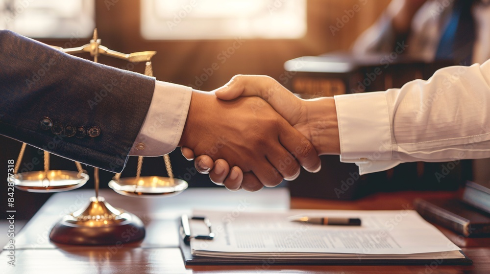 Attorney and client shaking hands in a law office, with scales of ...