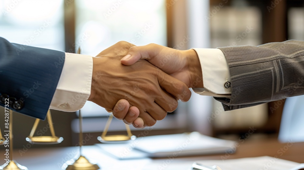 Attorney and client shaking hands in a law office, with scales of ...