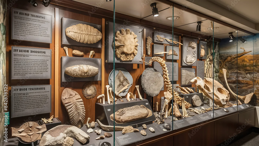 Museum exhibit Case with of different sizes and types fossil displayed ...