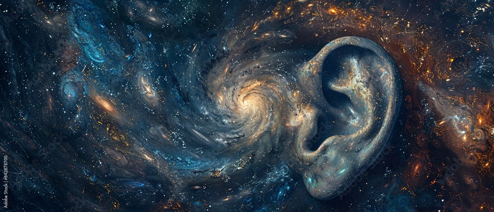 An ear listening to a swirling galaxy, with stars and cosmic elements ...