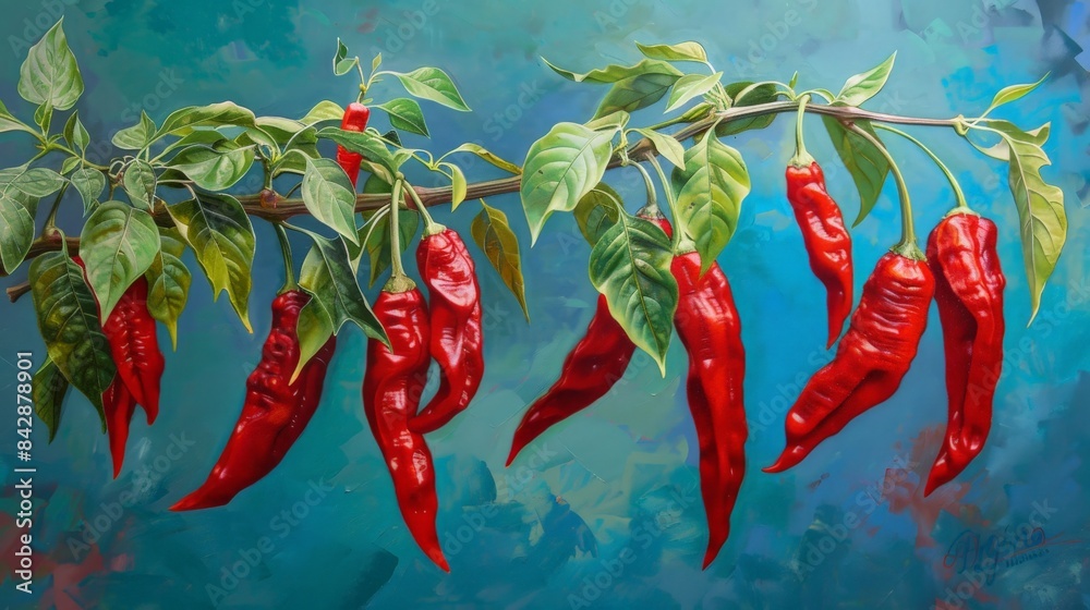 Artistic painting of a chili plant with red peppers hanging vividly ...