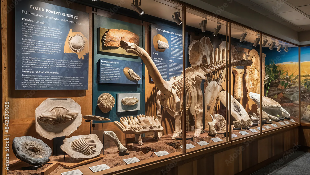 Museum exhibit Case with of different sizes and types fossil displayed ...