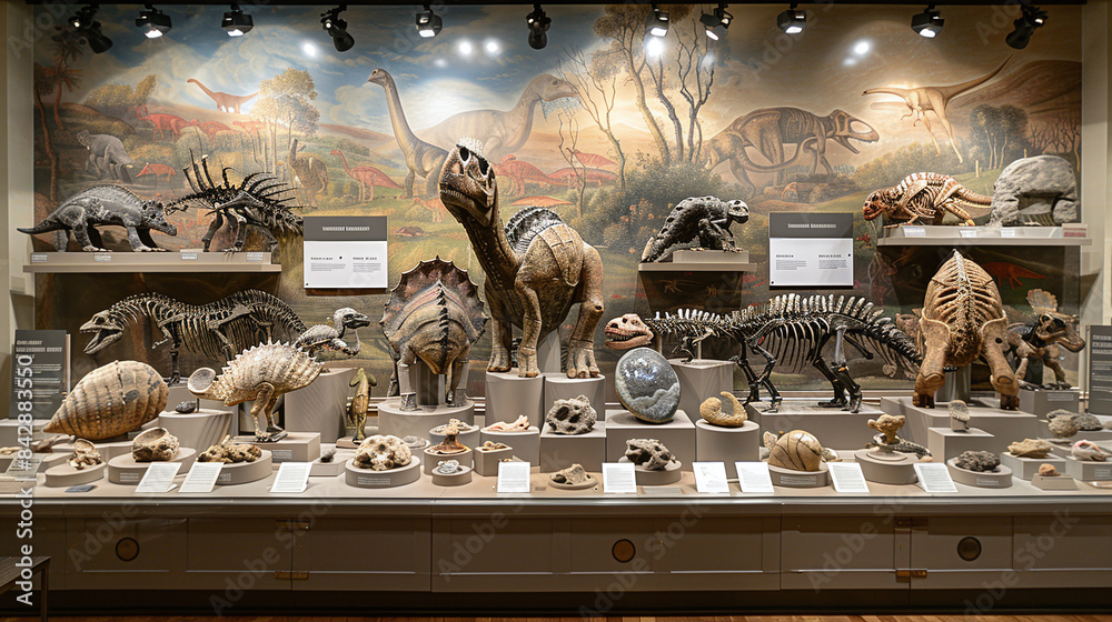 Museum exhibit Case with of different sizes and types fossil displayed ...