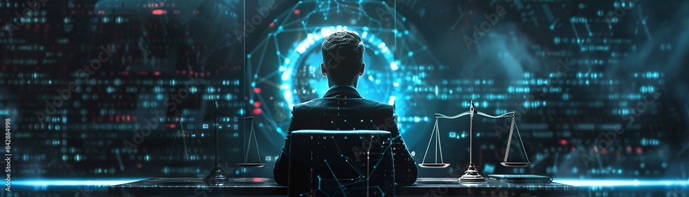 Lawyer using advanced holographic technology at a desk, with scales of ...