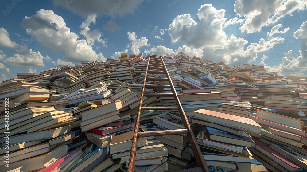 D illustration of a ladder on top of a pile of books against a sky ...