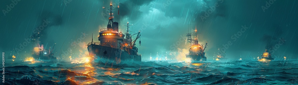Stylized ocean scene with ships and industrial facilities, capturing ...