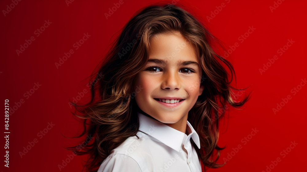 Portrait of a cute happy Hispanic latino boy child with long hair and ...