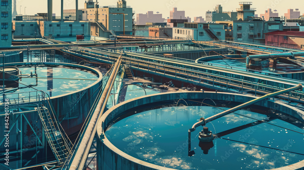 Infrastructure of a Water Treatment Plant with Circular Tanks and Pipes ...