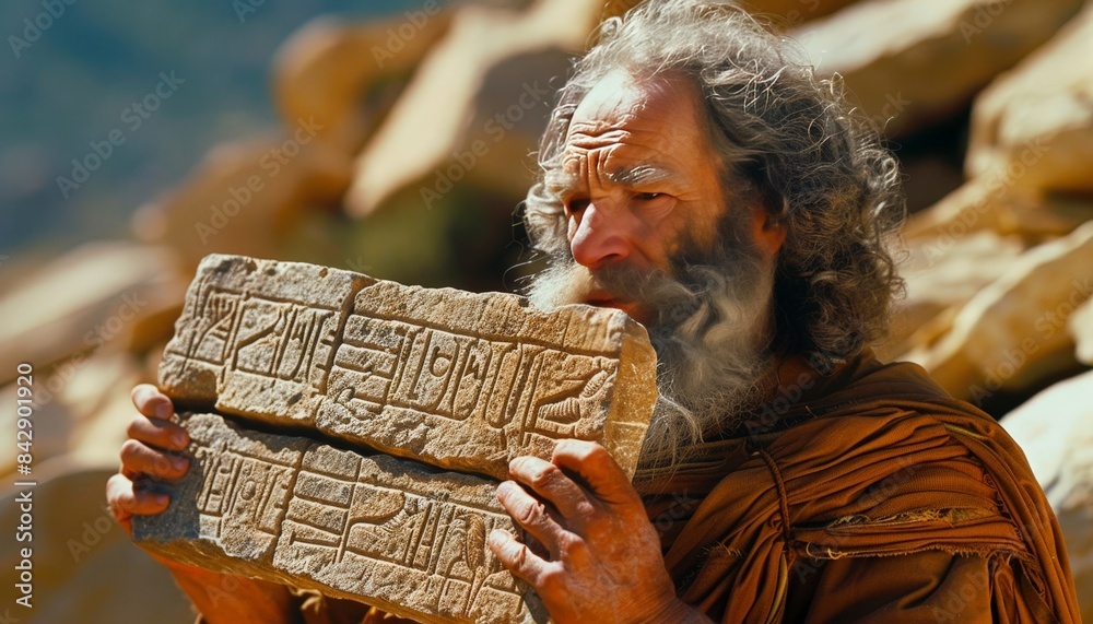 - A detailed close-up of Moses holding the stone tablets of the Ten ...