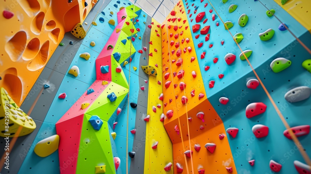 Colorful indoor climbing wall with an array of grips and routes ...