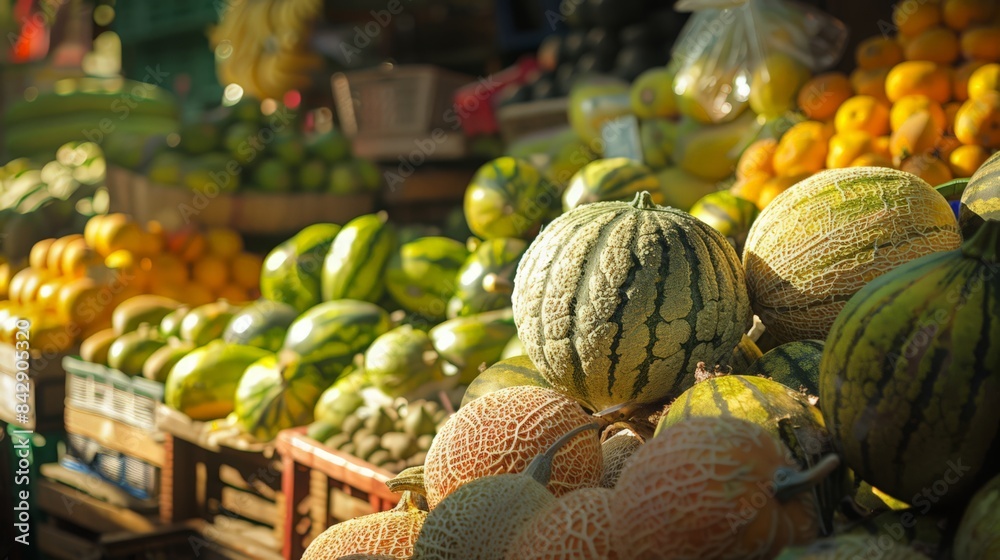 Envision a vibrant fruit market in a tropical country, with piles of ...