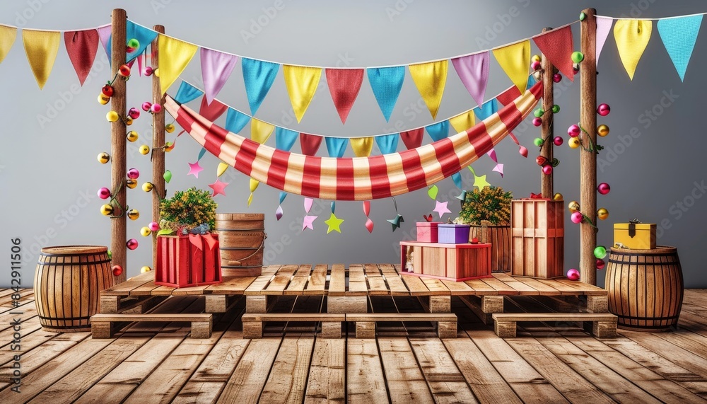 Realistic 3D stage with a little flag to showcase June Festival ...