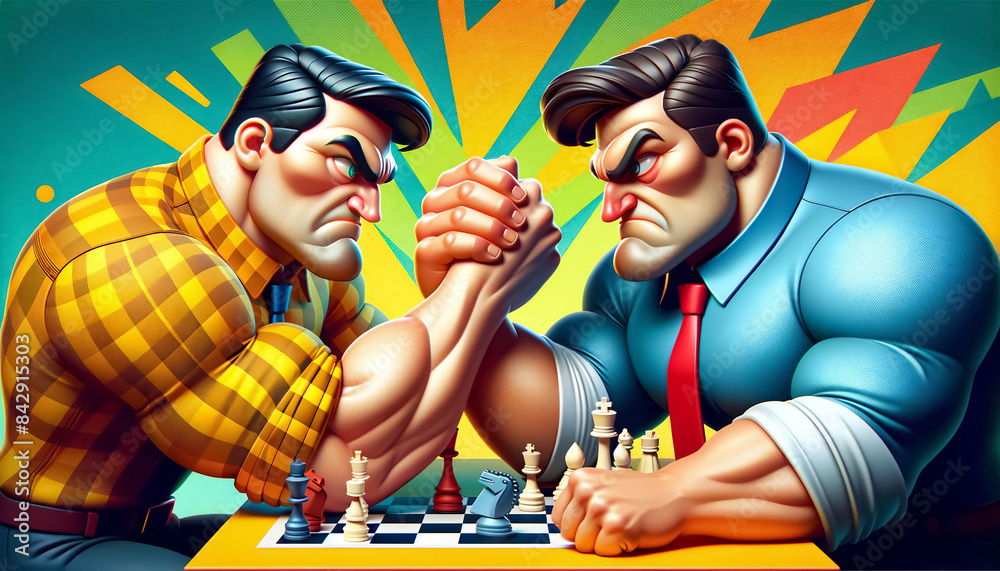 3D caricature illustration: Muscular men in intense arm wrestling match ...