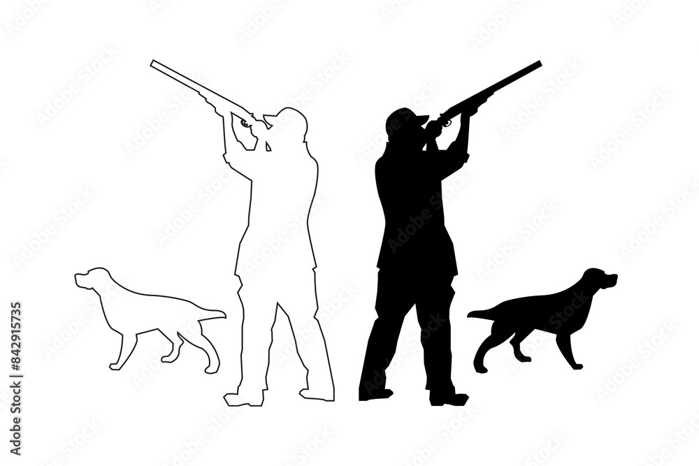 Vector image of the silhouette and outline of a hunter with a dog on a ...