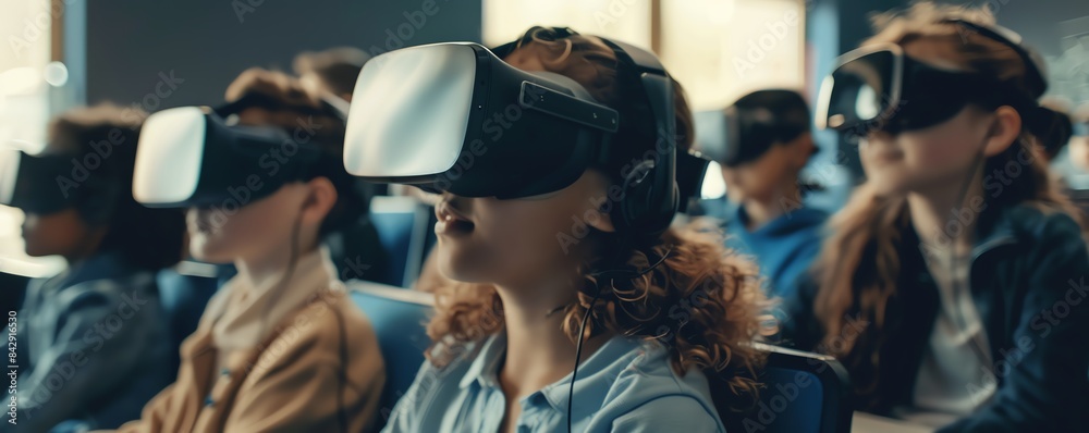 Digital classroom with students using VR headsets for an immersive ...