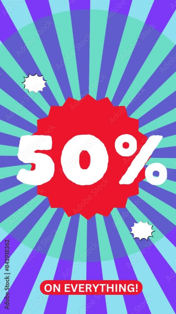 Bright animated graphic of a 50% off sale on everything. Perfect for ...