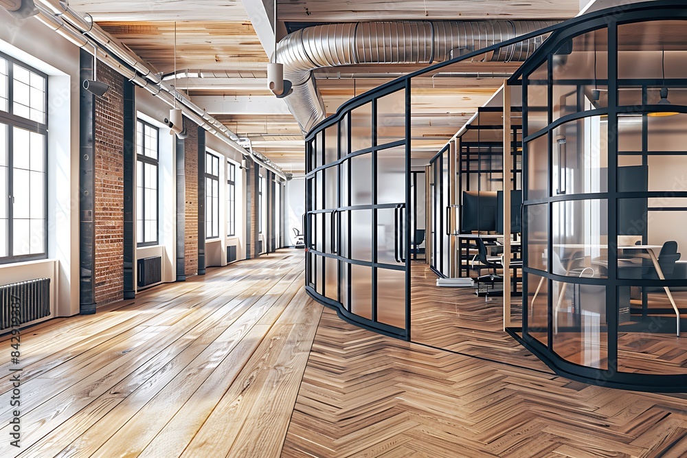 A modern open space office interior with curved walls, wooden floors ...