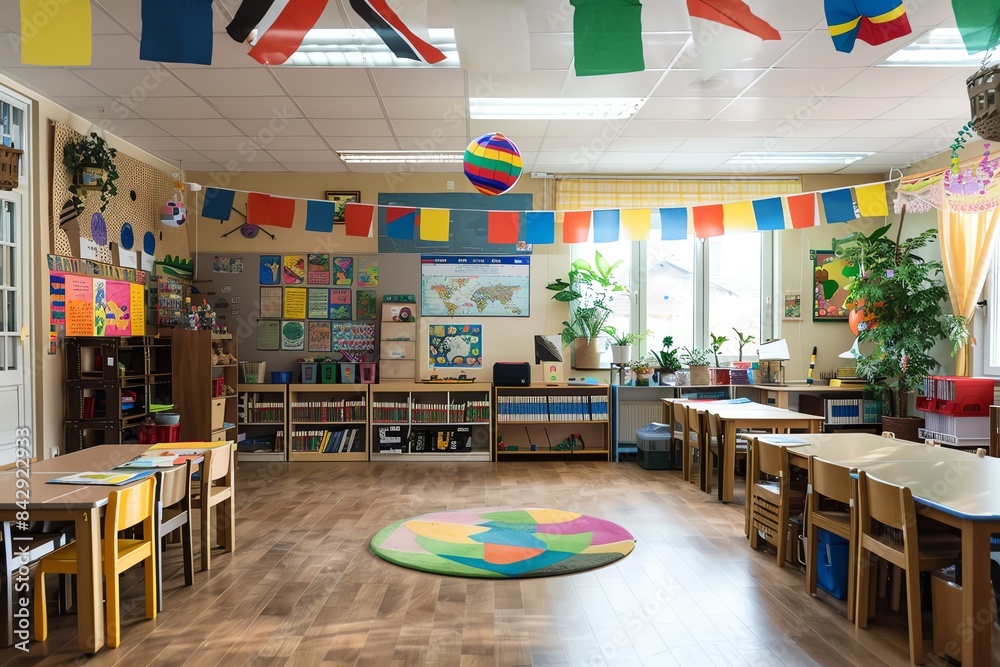 Multicultural classroom with diverse students and global decorations ...