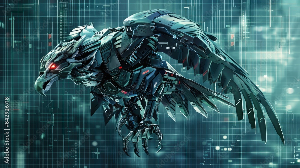 Side view of a robotic eagle with menacing talons and red eyes, wings ...