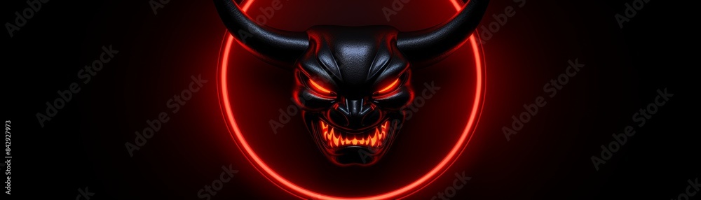 Fierce demonic bull head with glowing red eyes and teeth, illuminated ...