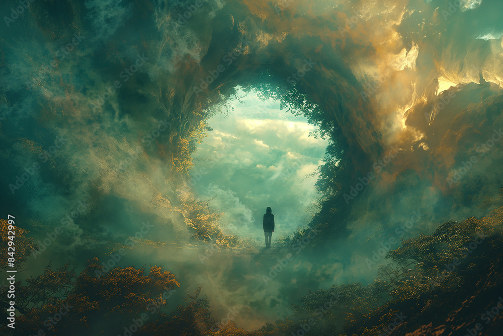 fantasy art, person standing in the center of an ethereal portal ...