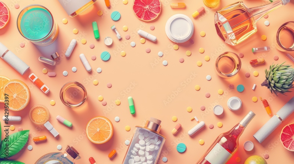Colorful health-themed layout with supplements, fresh fruit, and ...
