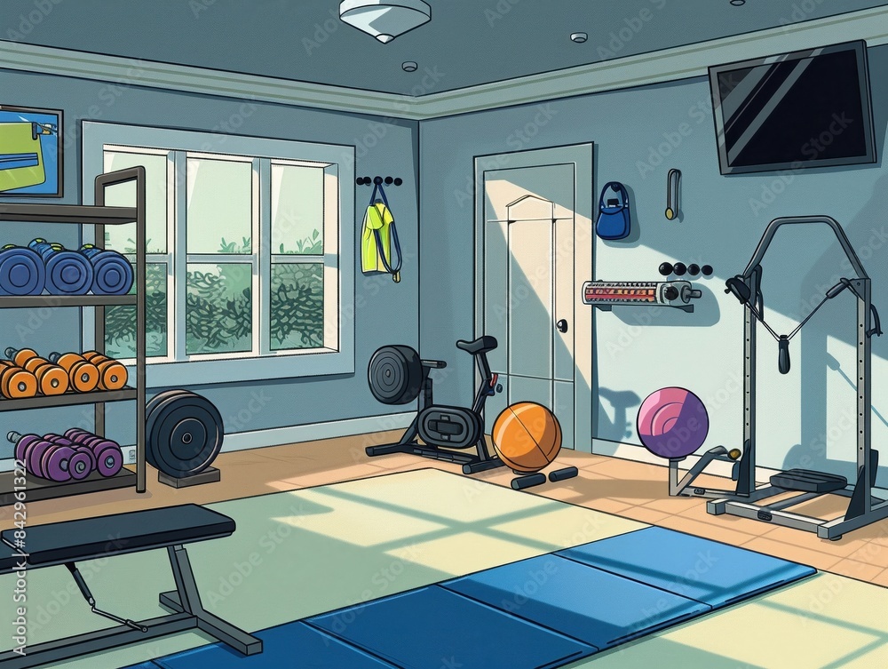 Home gym setup flat design side view exercise room cartoon drawing ...