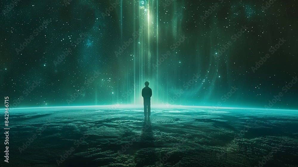 Human silhouette on Earth, light beam from sky, starry space background ...