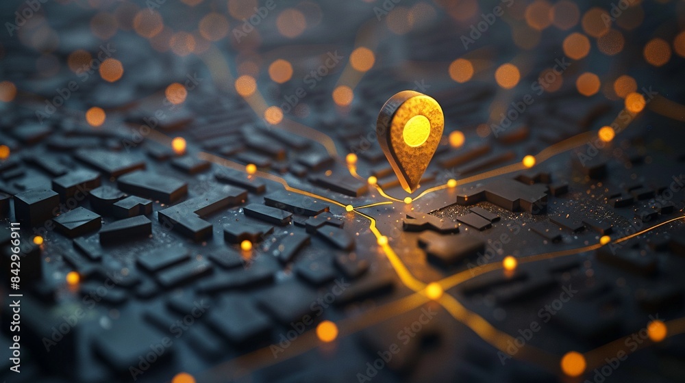 Yellow location marker on 3D city map, dark background, detailed roads ...