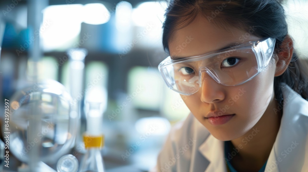The close up picture of the young female scientist is experimenting ...