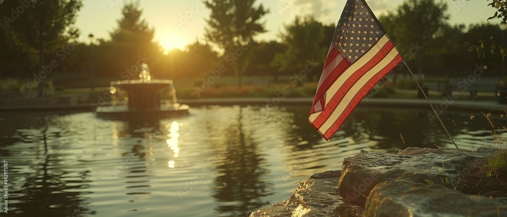 American flag at veteran memorial, honoring military forces ...