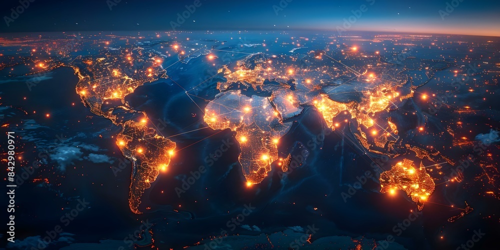 Illuminated World Map Representing Populated Areas and Global ... Illuminated World Map Representing Populated Areas and Global ...