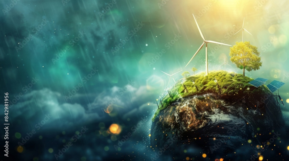 Earth depicted in digital format with symbols of green energy such as ...