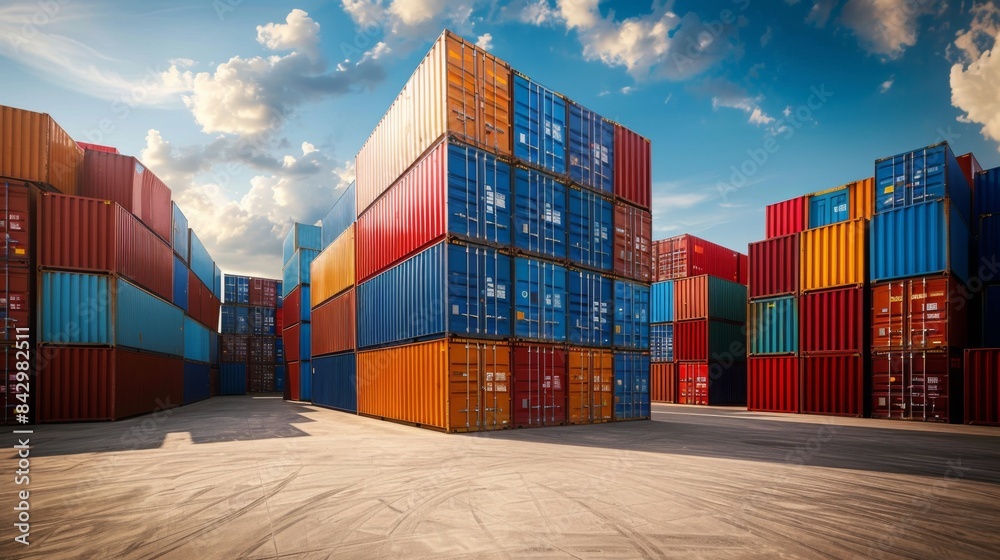 Shipping containers stacked high in a storage yard for logistical ...