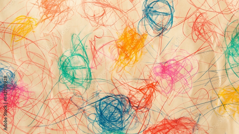 A background of chaotic scribbles that mimic children's crayon drawings ...