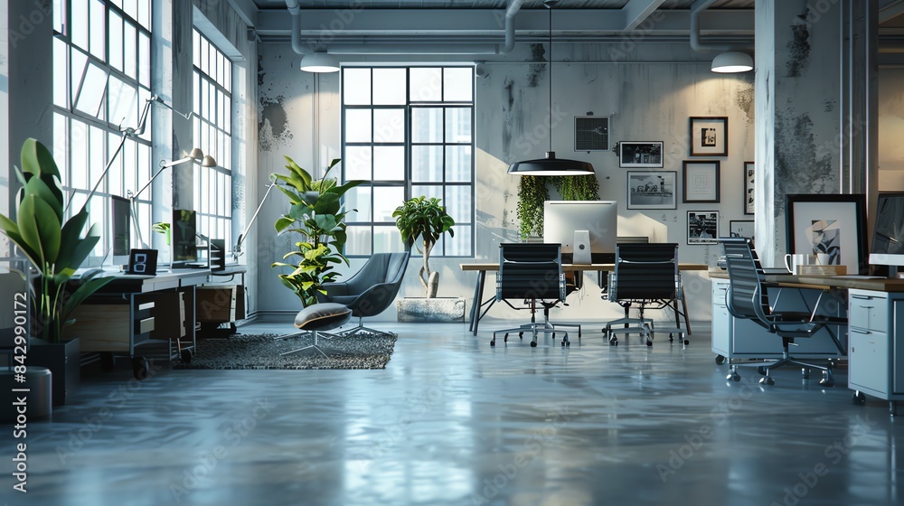 Modern industrial loft office space with large windows, concrete floors ...