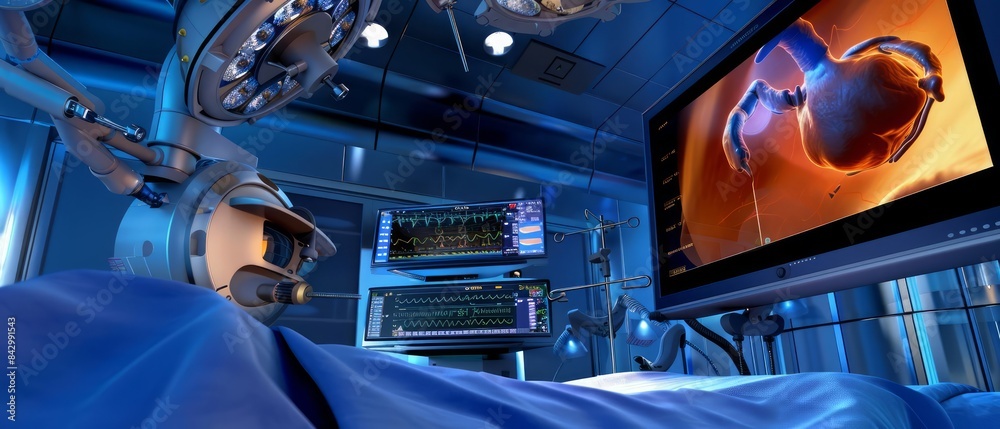 A laparoscopic procedure shown with instruments inserted through small ...