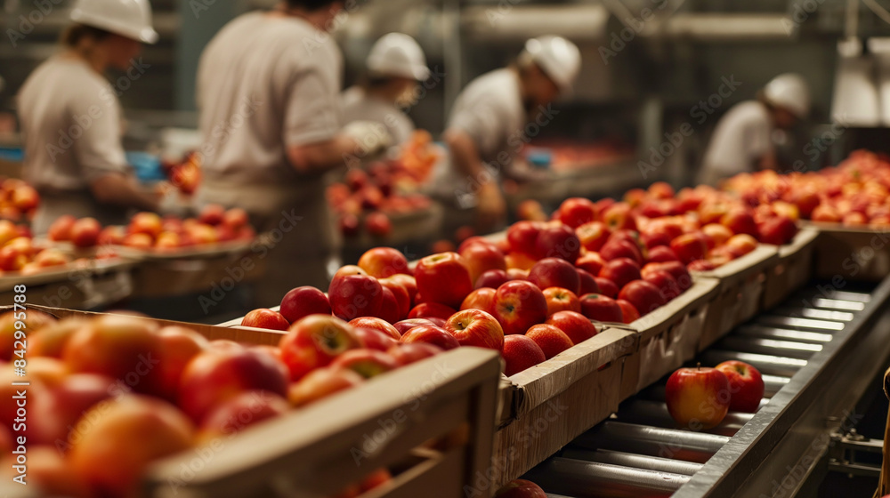 Create a high-quality, realistic photograph of staff packing apples ...