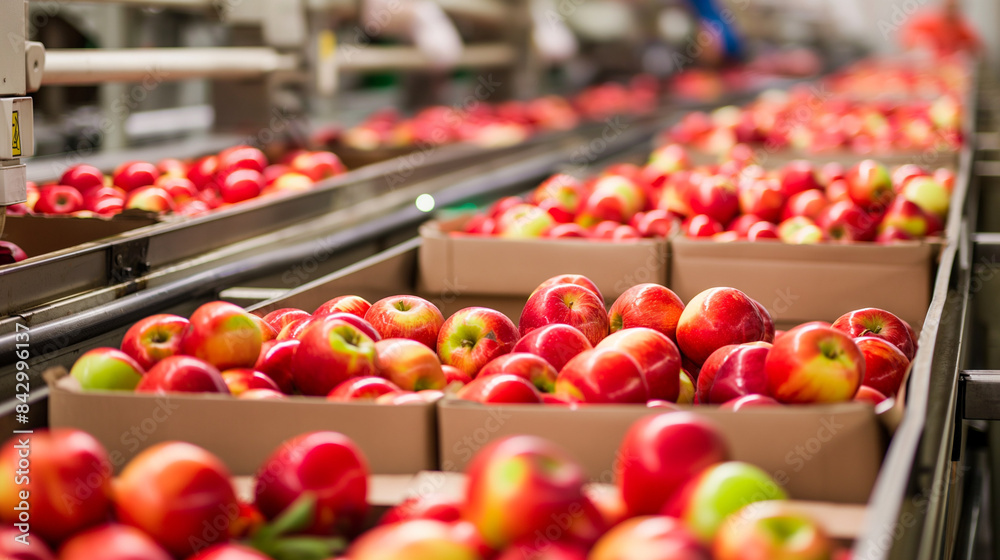Create a high-quality, realistic photograph of staff packing apples ...