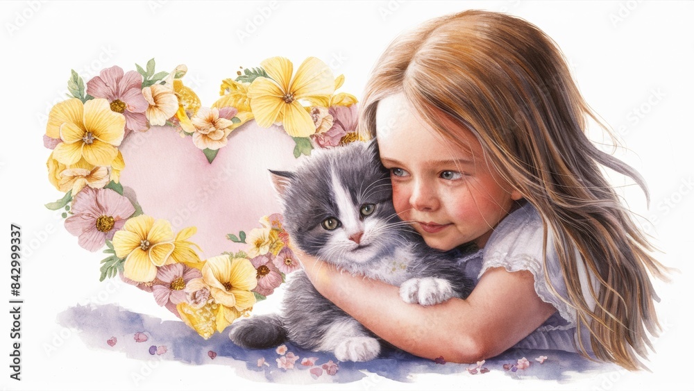 A little girl with long curls, gently hugging her kitten. In the ...
