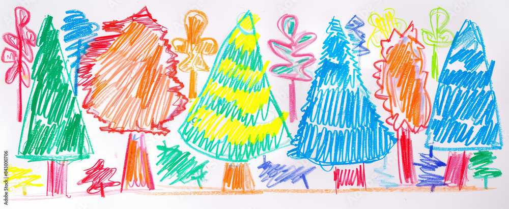 childs crayon drawing of trees, scribble marks and pencil marks visible ...
