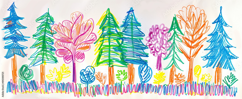 childs crayon drawing of trees, scribble marks and pencil marks visible ...