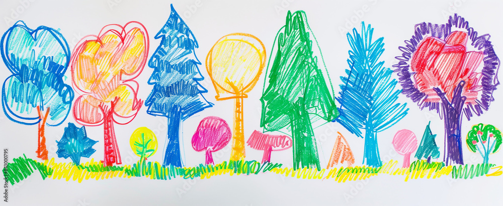 childs crayon drawing of trees, scribble marks and pencil marks visible ...