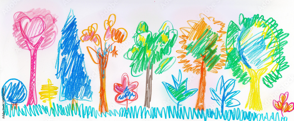 childs crayon drawing of trees, scribble marks and pencil marks visible ...