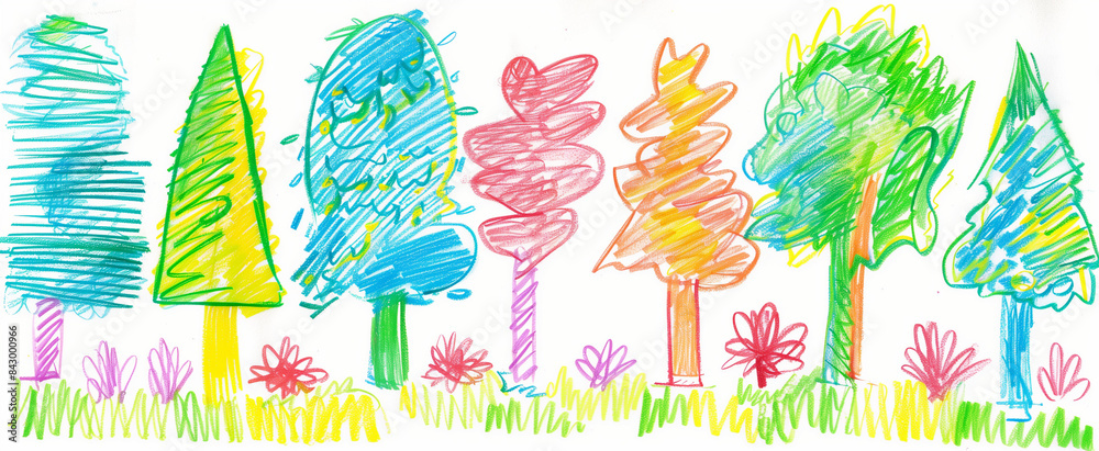 childs crayon drawing of trees, scribble marks and pencil marks visible ...