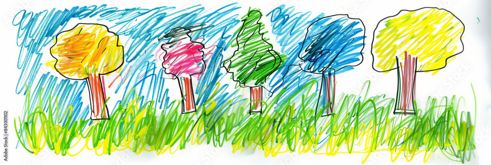 childs crayon drawing of trees, scribble marks and pencil marks visible ...
