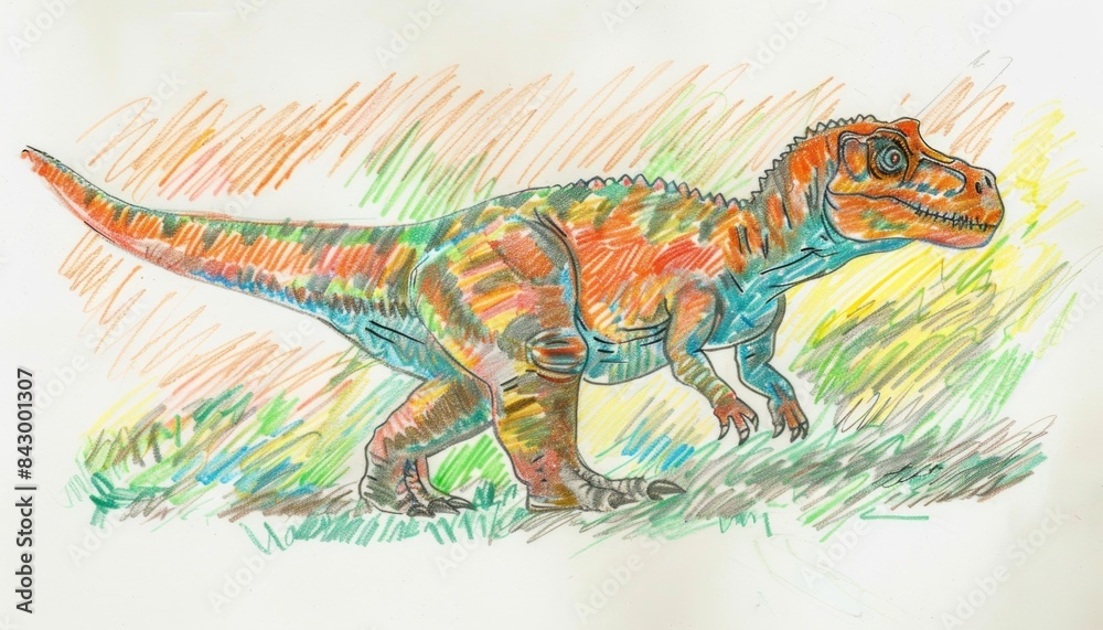 Tyrannosaurus rex. Colorful T rex, children's drawing using crayon ...