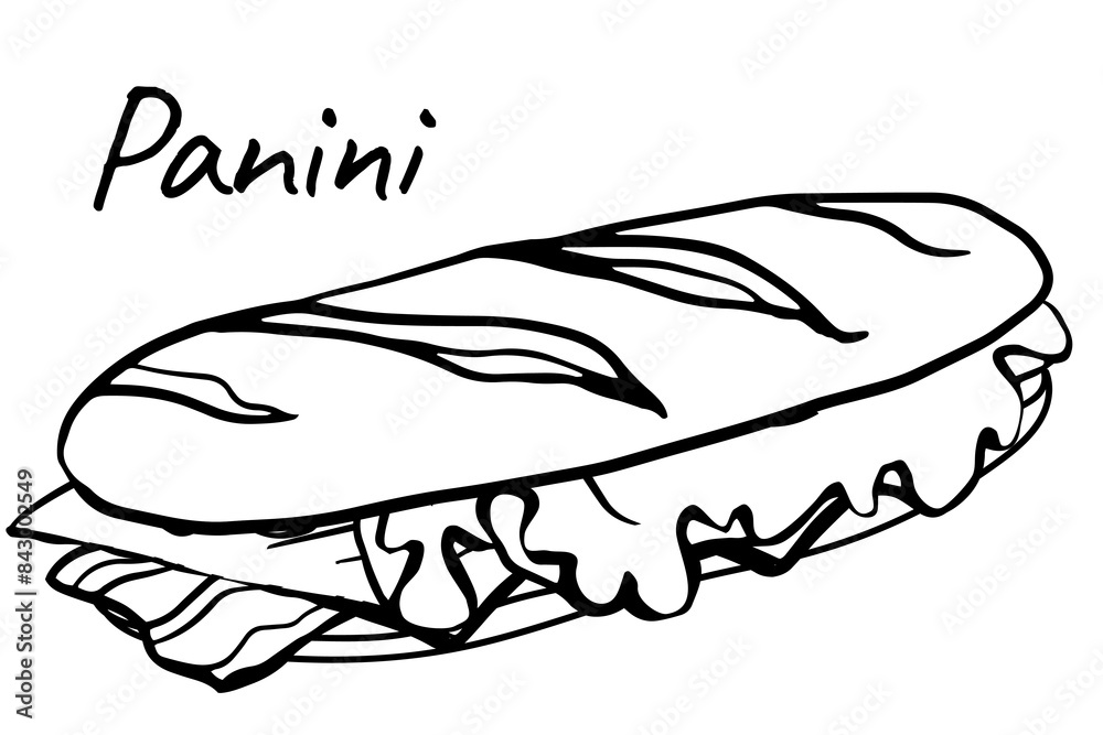 panini or sandwich sketch doodle Vector outline illustration with bacon ...