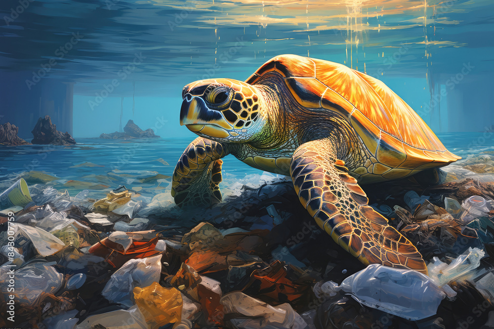 generated illustration of sea turtle on the beach with garbage, plastic ...
