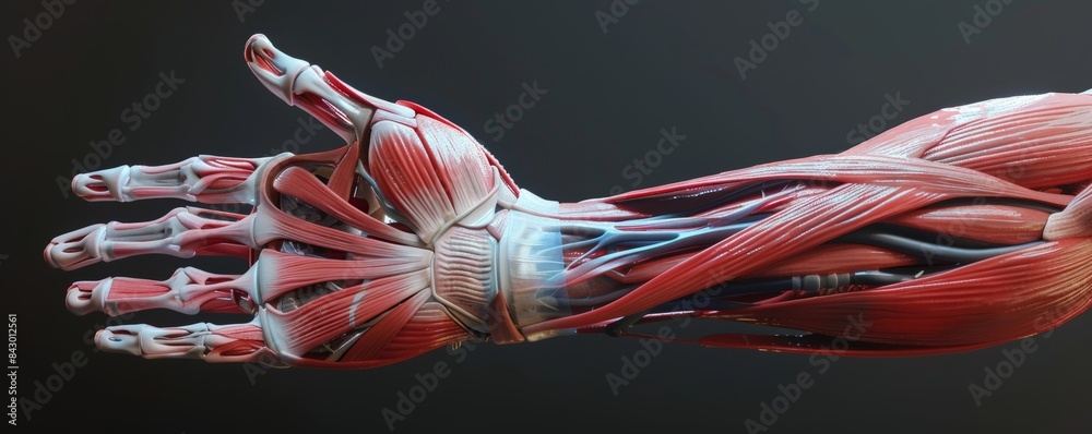 Biomechanical arm showing muscles and tendons with exposed hydraulics ...